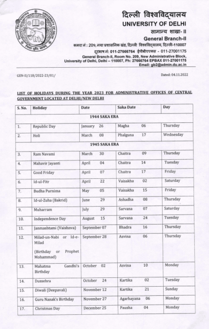 DU Holidays List 2023 PDF | Delhi University New Academic Calendar 2023